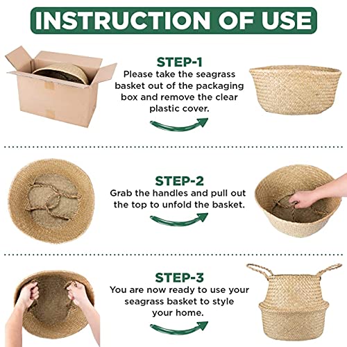 Blueming Home Decor Plant Baskets β Set of 2, Twin Pack Large Hand Woven Seagrass Rattan Belly Planter with Handles for Plant Pots, Home Decor, Organizer, Laundry (Original, 12 Inch x 10 Inch)
