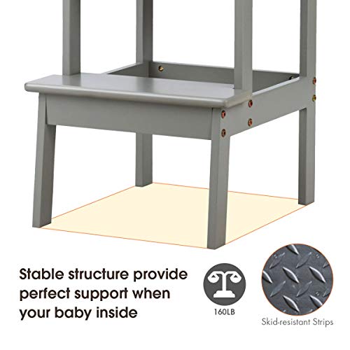Costzon Kids Kitchen Step Stool with Safety Rail, Wood Standing Tower Learning Stool with Anti-Slip Strips for Children, Toddlers Kitchen Counter Helper Stool for Bathroom