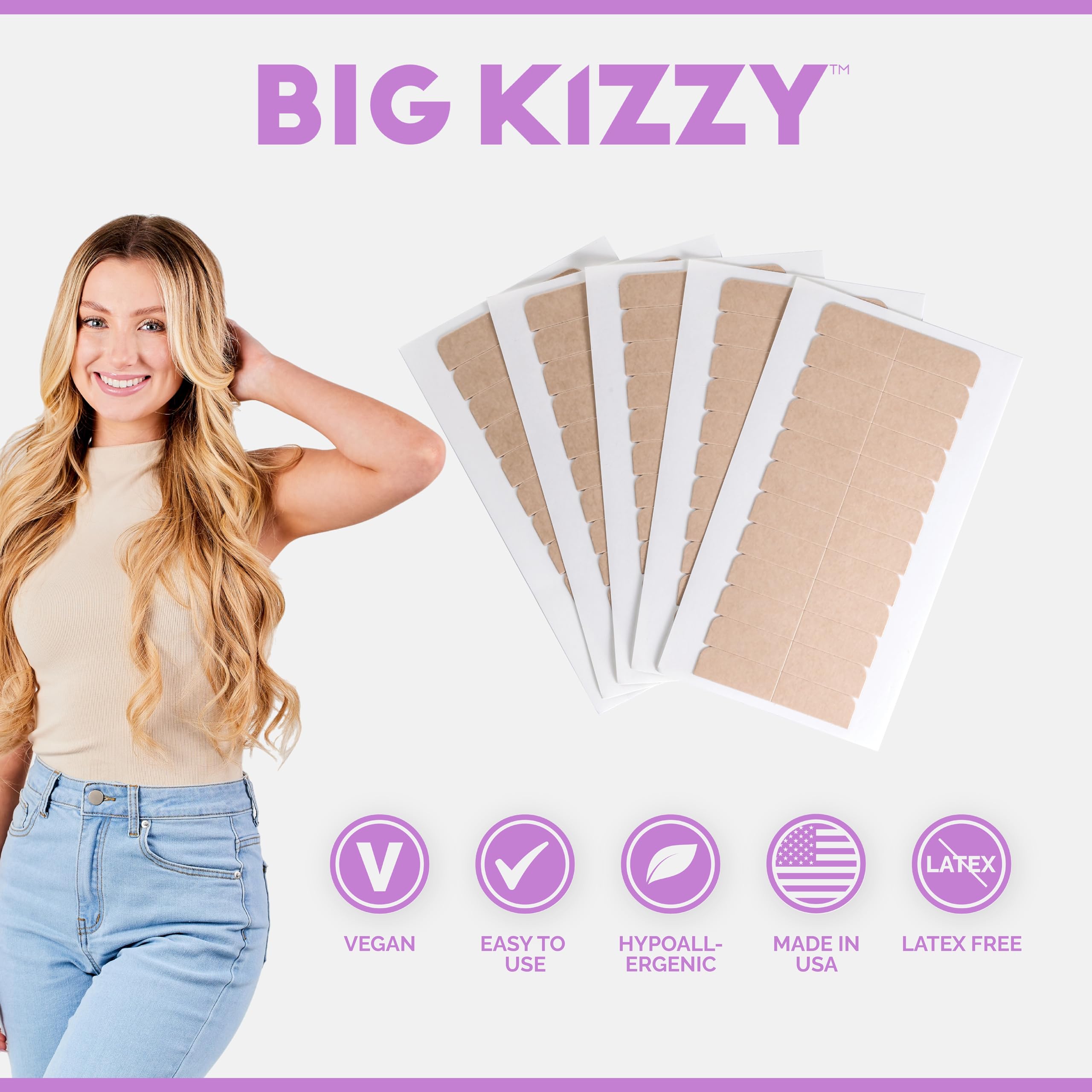 Big Kizzy Hair Extensions Tape - Regular Hold - Fits Most Tape in Hair Extensions, 4cm x .8cm Tape for Extensions, Professional Double Sided Extension Tape