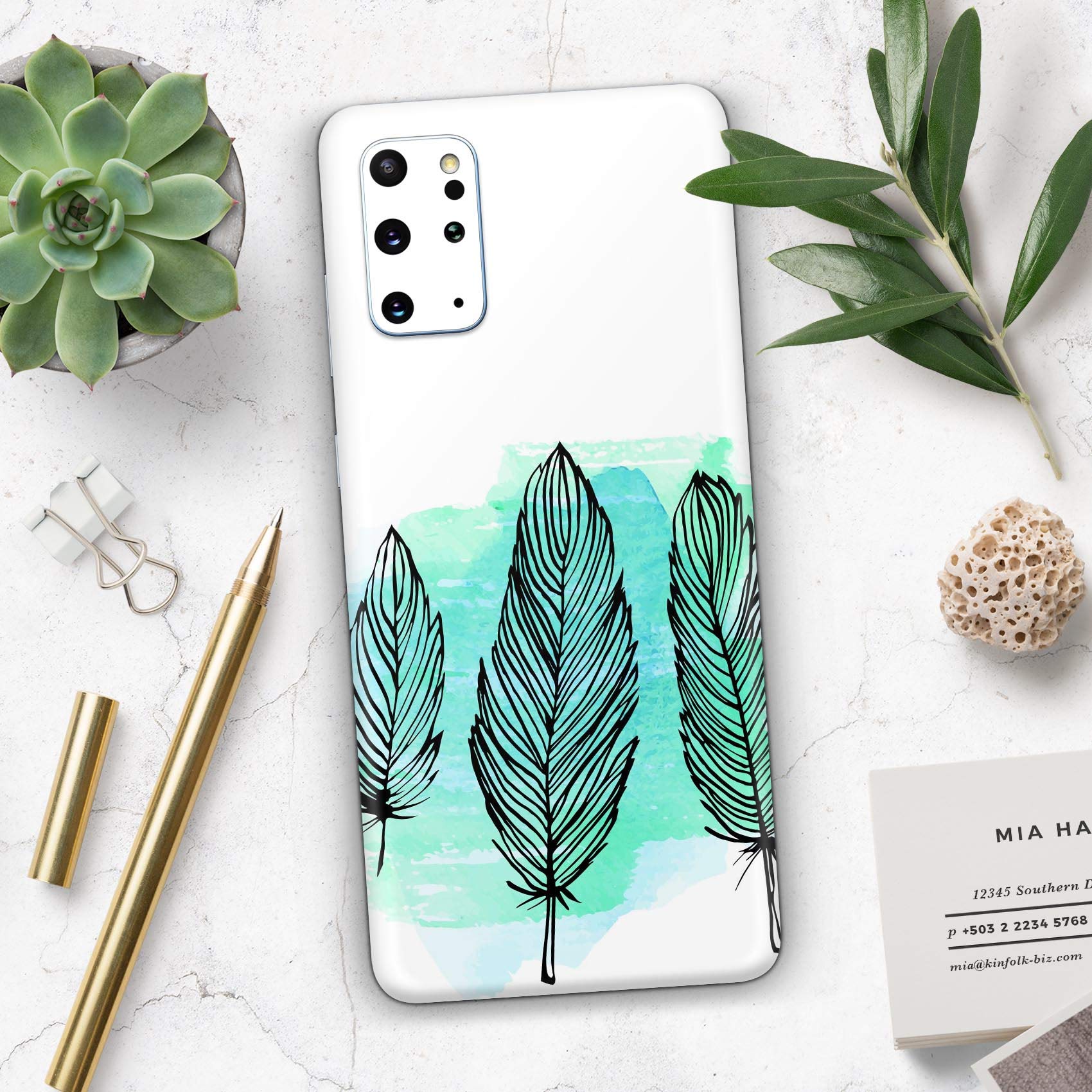 DesignSkinz Pen & Watercolor Feathers Protective Vinyl Decal Wrap Skin Cover Compatible with The Samsung Galaxy S20 (Screen Trim & Back Glass Skin)