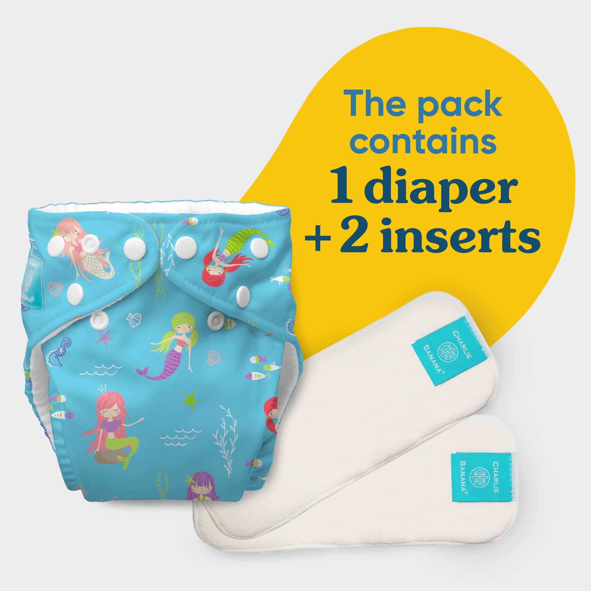 Charlie Banana Baby Washable and Reusable Cloth Diapers, 1 Soft Pocket Diapers and 2 Absorbent Inserts, One-Size, Mermaid Tiffany