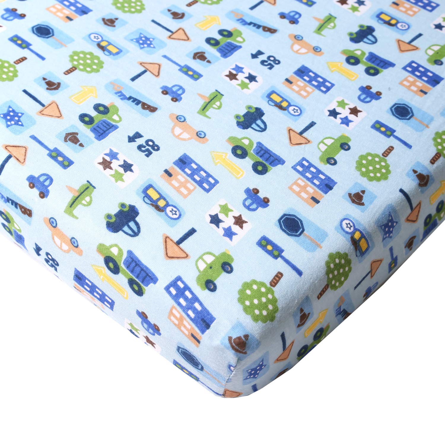 Big Oshi Fitted Mini Crib Sheet - for Portable Cribs or Mini Cribs - Fits Mattresses up to 3 Inches Deep - Knitted, 100% Cotton, Traffic Cars Pattern, Blue (SHT-294)