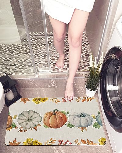 Bath Mat for Bathroom Non Slip Thanksgiving Fall Pumpkin Sunflower Maple Leaves Linen Diatomaceous Earth Bath Mats Highly Absorbent Door Mat Diatom Mud Washable Bathroom Mat for Tub Shower 18x30 Inch