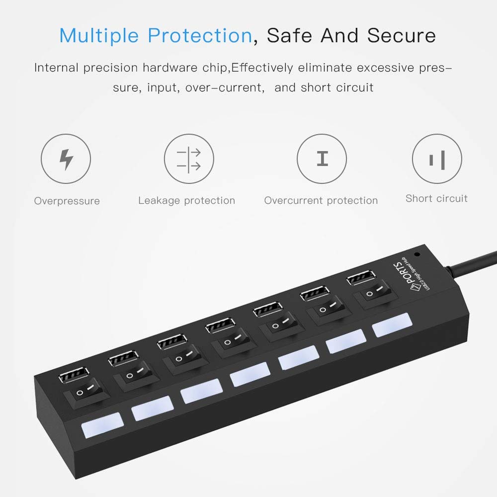 Lysee Data Cables - 7 Ports Micro Hub USB Splitter High Speed USB Hub 2.0 480Mbps On Off Switch USB Splitter Adapter For PC Laptop Computer USB Hub - (Color: White)