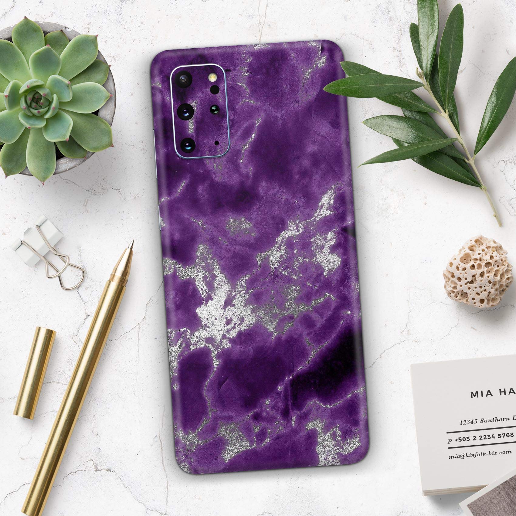 DesignSkinz Purple Marble & Digital Silver Foil V5 Protective Vinyl Decal Wrap Skin Cover Compatible with The Samsung Galaxy S20 (Screen Trim & Back Glass Skin)
