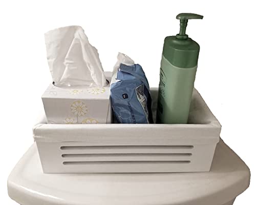 Bathroom Decor Box Toilet Paper Basket - Decorative Wooden Storage Bathroom Organizer, Vanity Storage Bin & Toilet Tank Basket Topper with Machine Washable Fabric Liner White, Extra Small