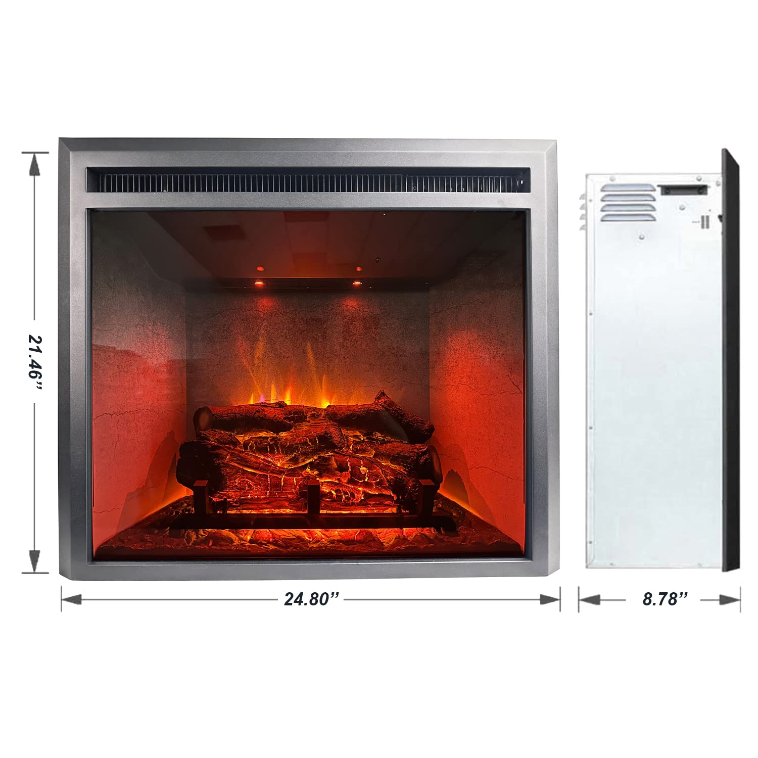 23 inch Western Electric Fireplace Insert, Heater, Recessed Mounted with Fire Crackling Sound, Remote Control, 750/1500W, Grey Interior