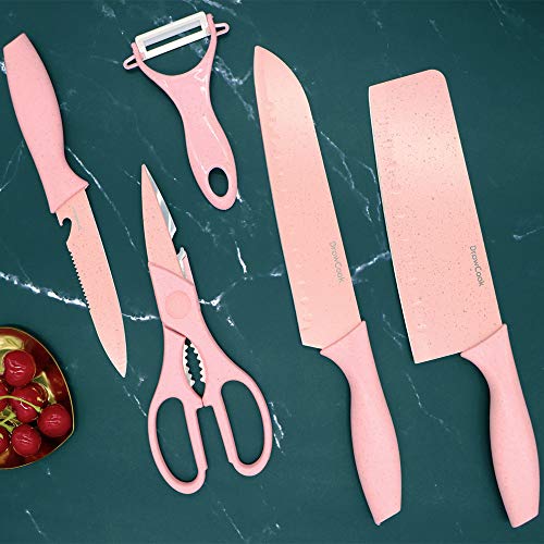 Kitchen Knife Set Pink - 5 Piece Cooking Knives, Non-Stick and Sharp Chef Knife Sets for Kitchen Cutting Meat, Scissors and Ceramic Peeler for Slicing, Paring Fruits and Vegetables