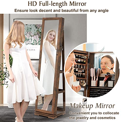 ACIPENSER 360° Rotating Jewelry Armoire, Lockable Jewelry Cabinet Organizer Standing w/Full Length Mirror, Large Storage Capacity, Built-in Makeup Mirror & 3-Tier Rear Storage Shelves, Rustic Brown