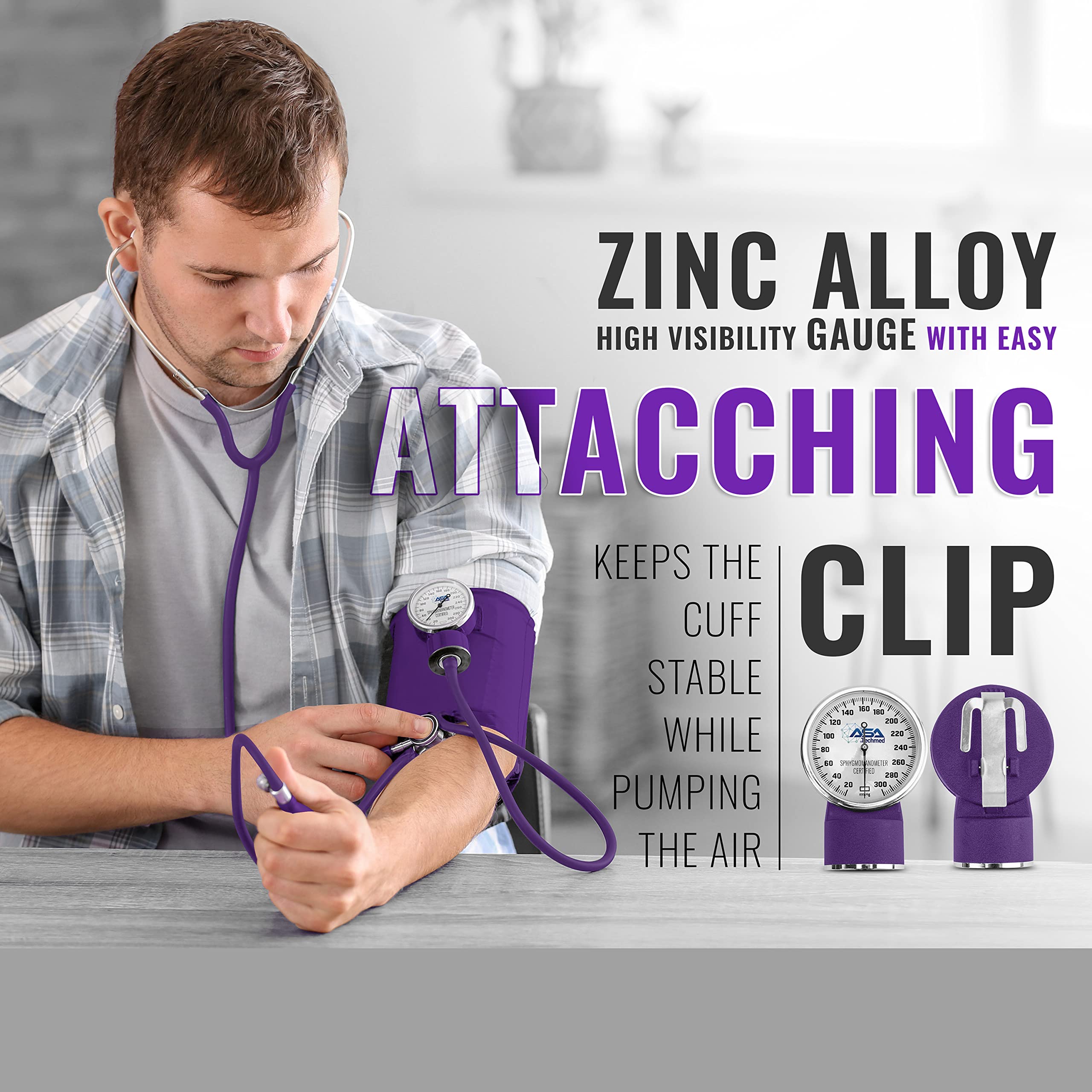 ASA TECHMED Dual Head Sprague Stethoscope and Sphygmomanometer Manual Blood Pressure Cuff Set with Case, Gift for Medical Students, Doctors, Nurses, EMT and Paramedics, Purple