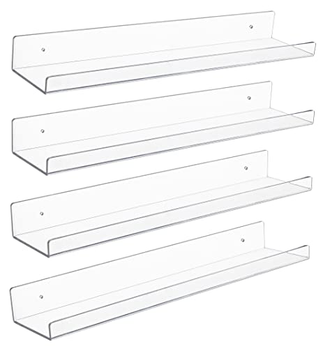 HBlife 15 Inches Invisible Wall Floating Bookshelf for Kids and Nursery, Clear Acrylic Shelves for Figures, 4 Pack (5MM Thick)