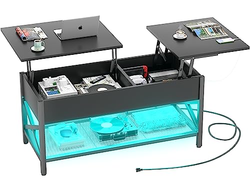Aheaplus Coffee Table, Lift Top Coffee Table with LED Light and Power Outlet, Modern Lift-Top Table with Storage Shelf, Center Table for Living Room with Lift Tabletop, X Support, Metal Frame, Black