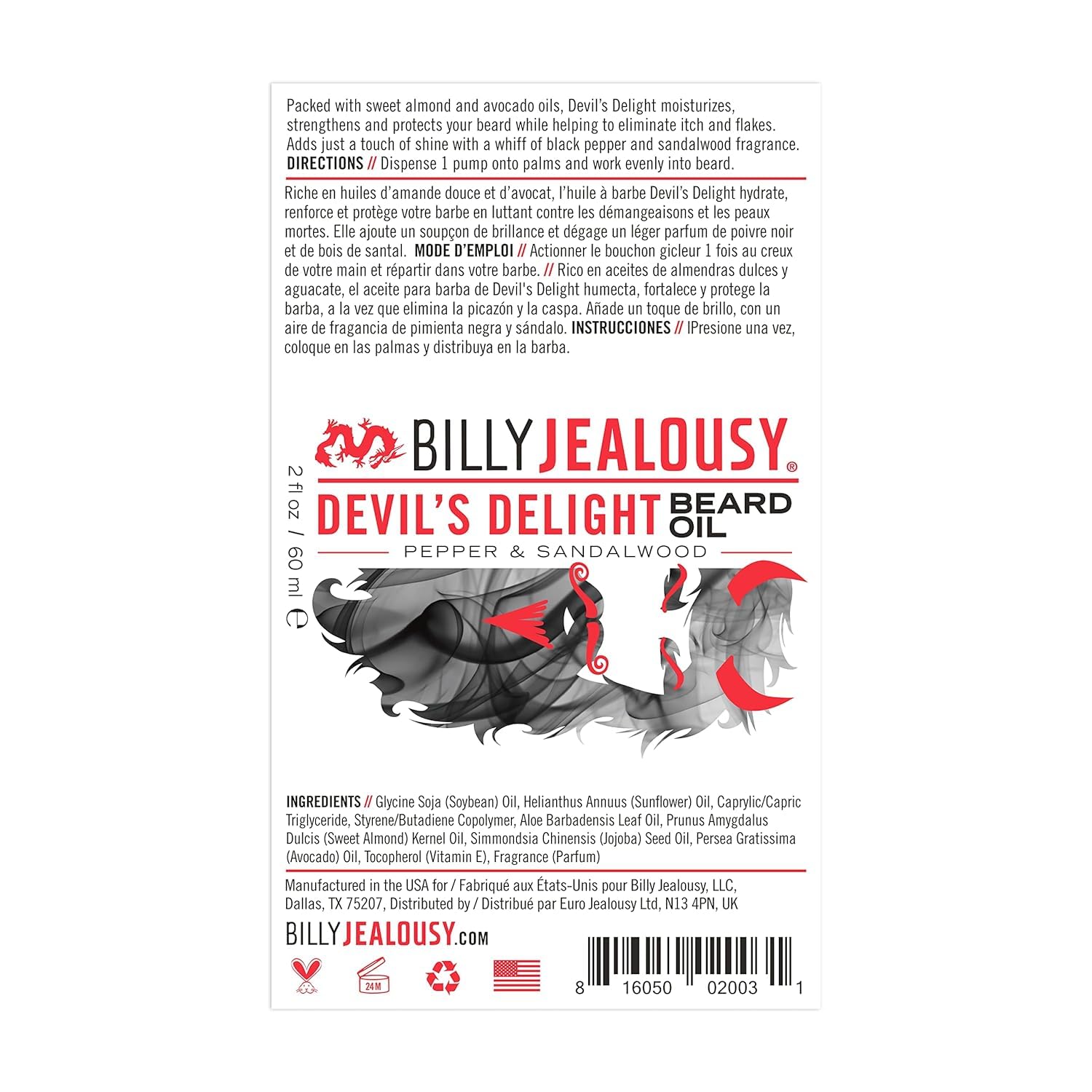 Billy Jealousy Beard Oil for Men, Weightless, Low Shine, and Hydrating Beard Moisturizer for Softer Hair, Helps Prevent Itching and Flakes, Devil's Delight, 2 Fl Oz