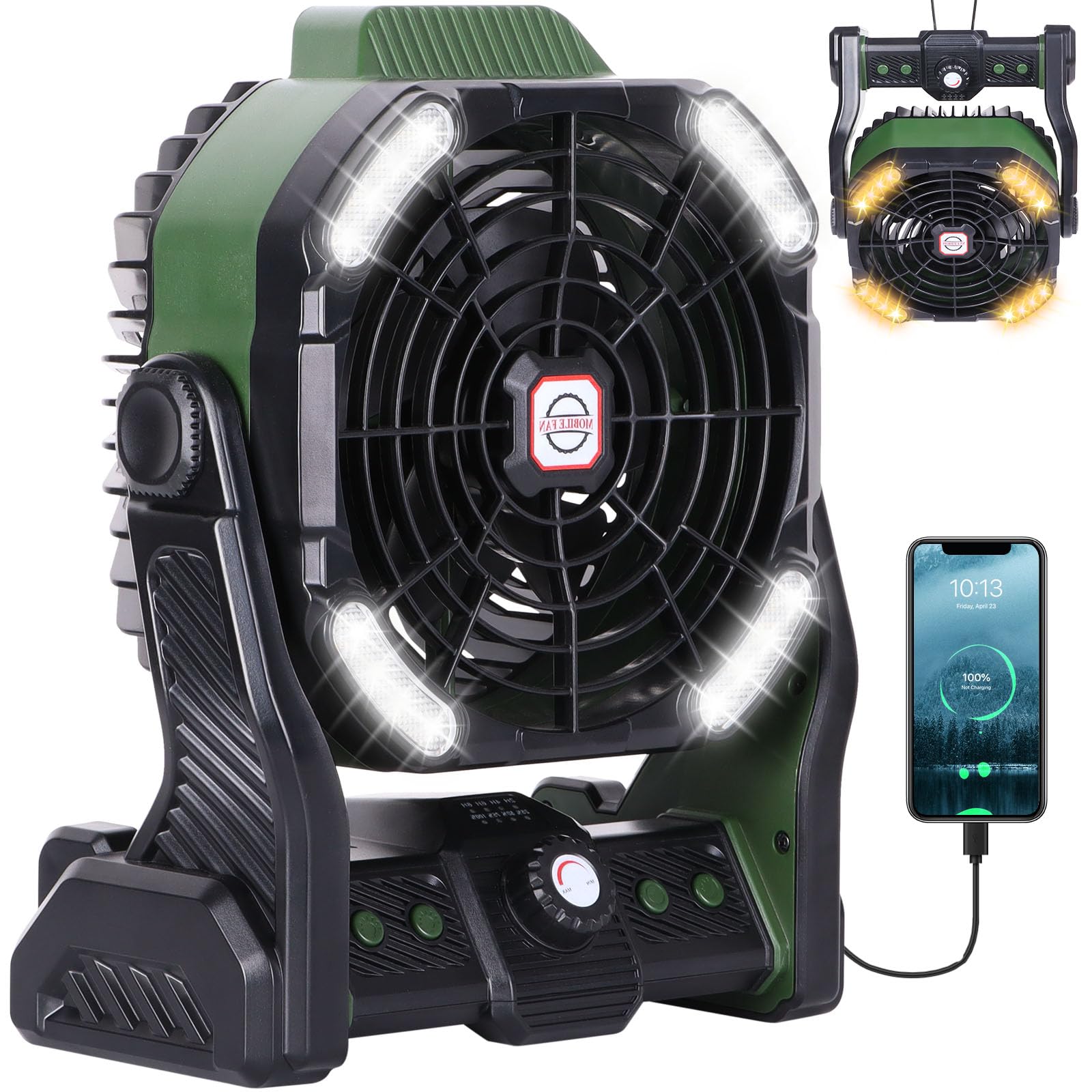 20000mAh Portable Camping Fan Rechargeable Portable fan for Travel Battery Powered Fan with LED Lantern,270° Rotation,USB Desk fan Battery Rechargeable Fan Tent Fan for camping essentials with Hook