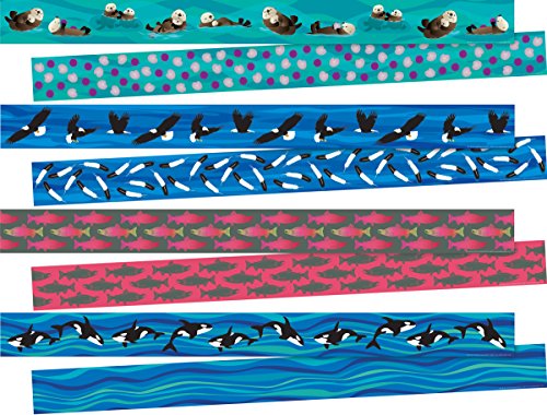 Barker Creek Double-Sided Border Set of 4, Sea & Sky, Multi-Design, 35' Each of 4 Designs, Otters, Eagles, Salmon, Whales, Total of 140' of Double-Sided Border in Set (3865)