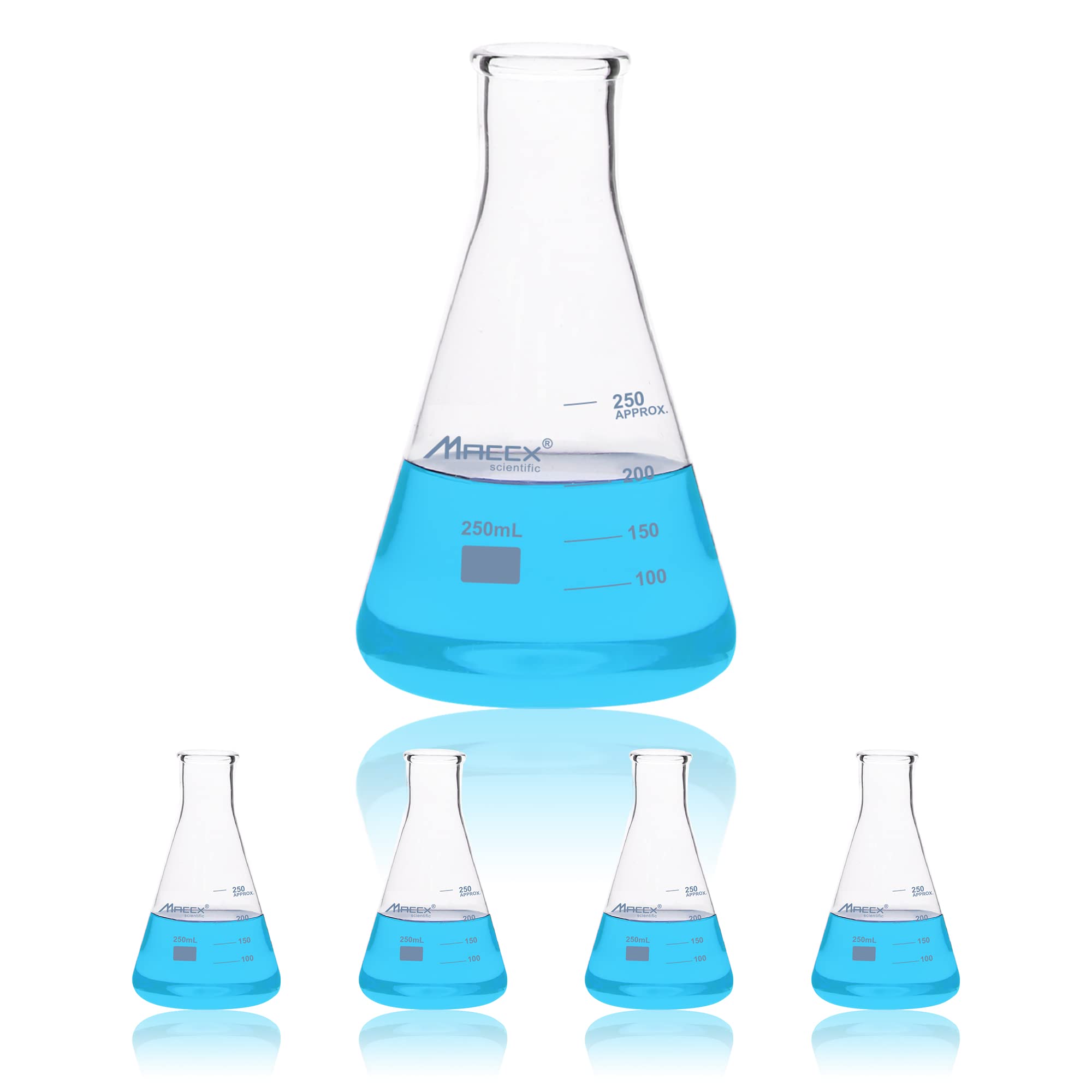 Maccx 8.5oz(250ml) Narrow-Mouth Sturdy Glass Erlenmeyer Flask, 3.3 Borosilicate with Printed Graduation, Pack of 4, EFN250-004