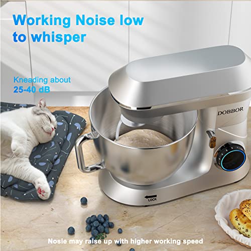 9.5QT Standing Mixer, DOBBOR 7 Speeds 660W Tilt-Head Kitchen Dough Mixer, Electric household mixers with Dough Hook, Whisk, Beater, Splash Guard & Mixing Bowl for Baking - Silver