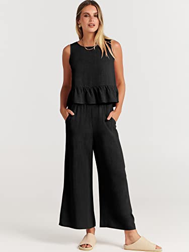 ANRABESS Two Piece Outfits for Women Summer Vacation Sleeveless Linen Crop Tank Top Casual Matching Lounge Sets Comfy Tracksuits Long Pants Jumpsuits 2023 Cute Going Out Clothes 817heise-M