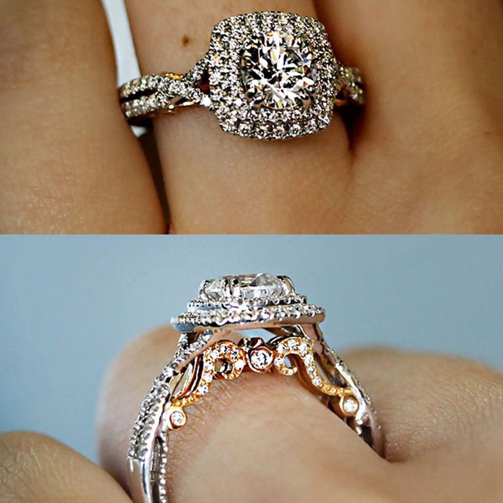 2PCS Gold Plated Square Diamond Princess Ring Set, Gold Diamond Engagement Wedding Ring Designs