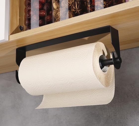 2024 Upgraded Paper Towel Holder - Extra Long Arms for Any Size Paper - Made of Ultra-Strong Steel - Wall/Under Cabinet Mountable with Adhesive or Screw Installation - Durable Black Materials