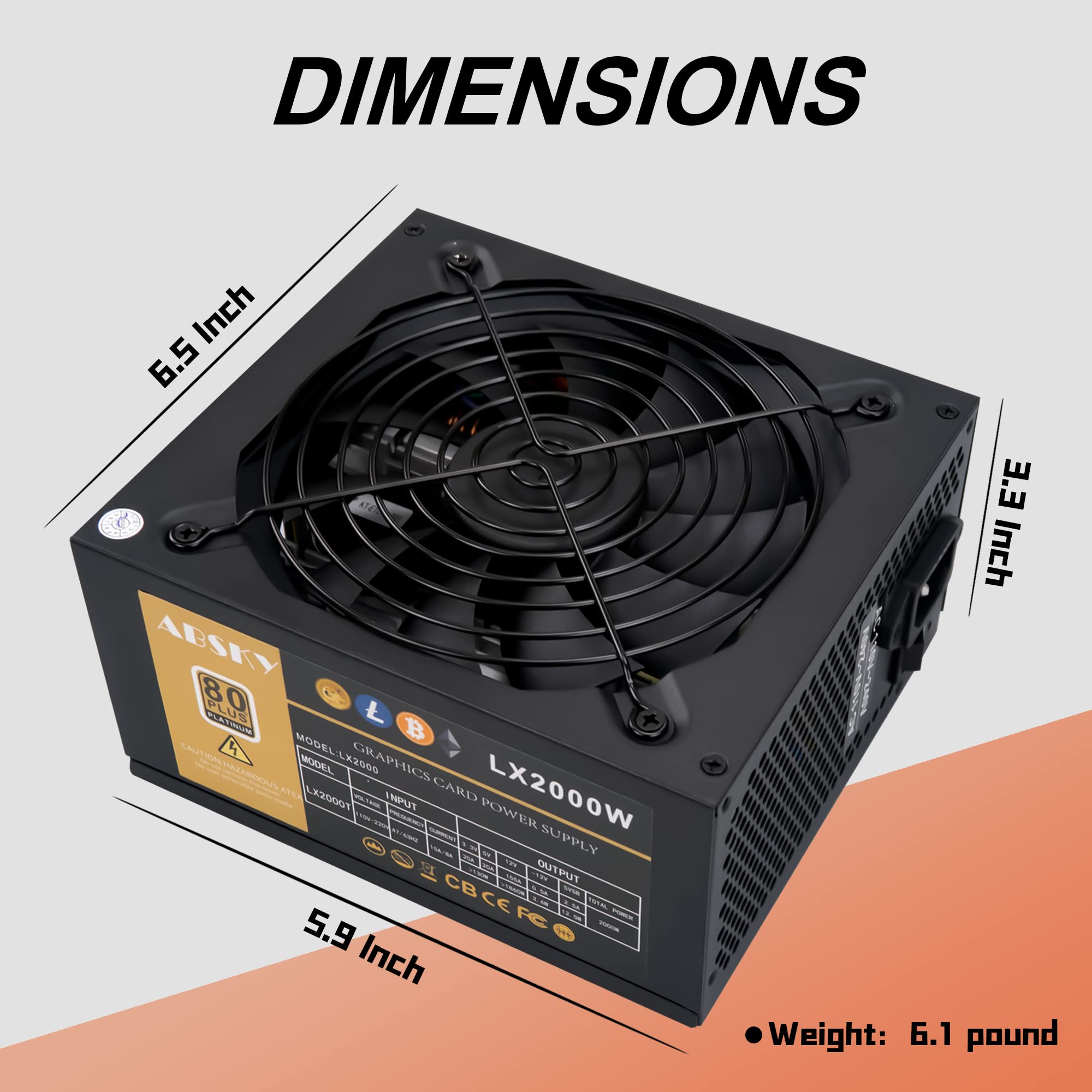 2000W Mining Power Supply PSU, ABSKY Mining Rig PSU ATX PC Power Supply for 8 GPU ETH Rig Ethereum Miner, Mining Machine Power Supply with Adapter Cable