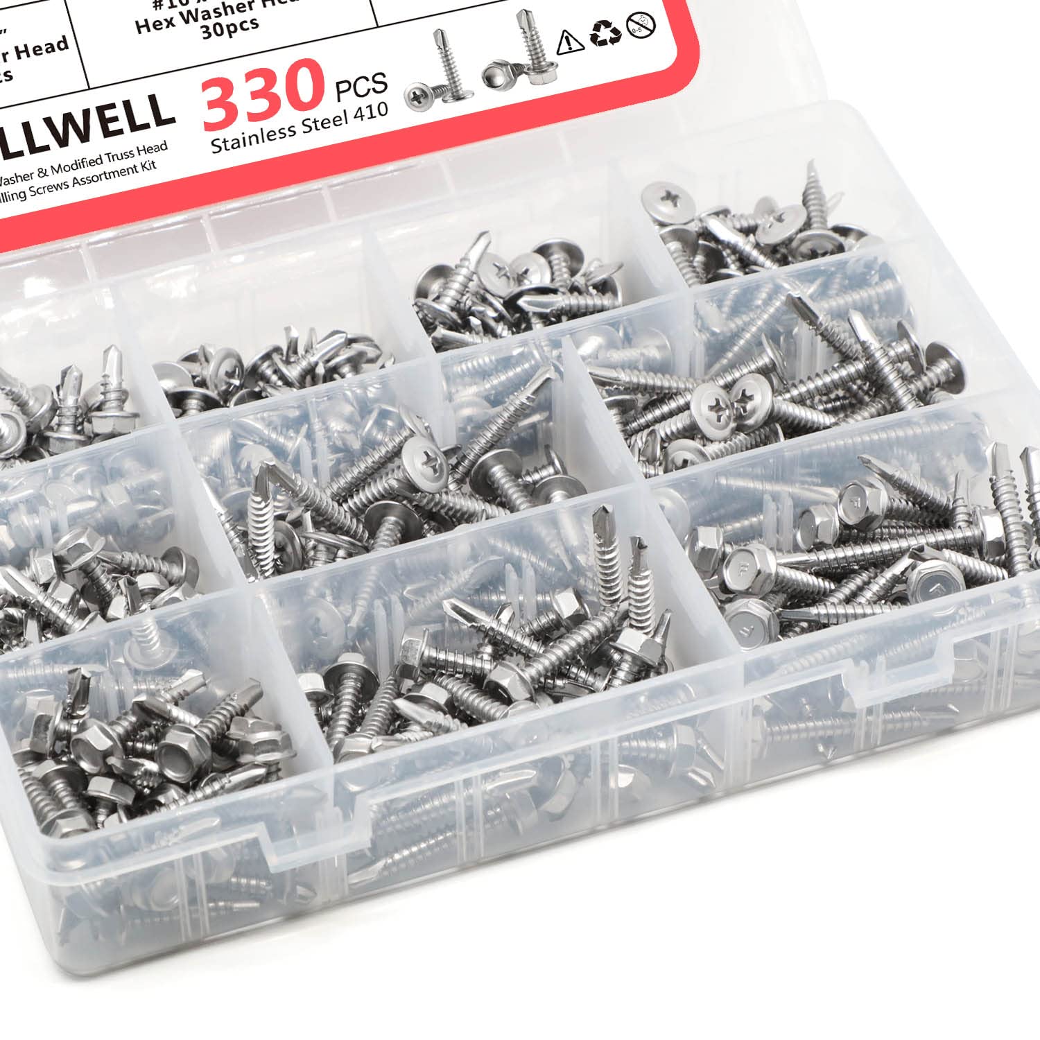 330PCS #10 Self Drilling TEK Screw Assortment Kit, Hex Washer & Modified Truss Head Self Tapping Screws for Metal, 410 Stainless Steel Screws, Length 1/2" to 1-1/2"