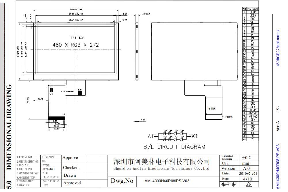 SANZAMELIN 4.3 inch TFT LCD Display IPS Model 480x272 Resolution RGB Interface with resistive Touch Screen