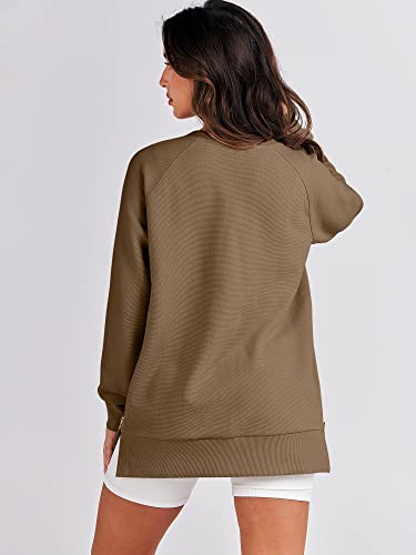 ANRABESS Women's Fall Casual Soft Long Sleeves Sweatshirts Pullover Tunic Tops Split Blouse with Side Zipper Teen Girls Trendy 2023 A1073-kaqi-L Khaki