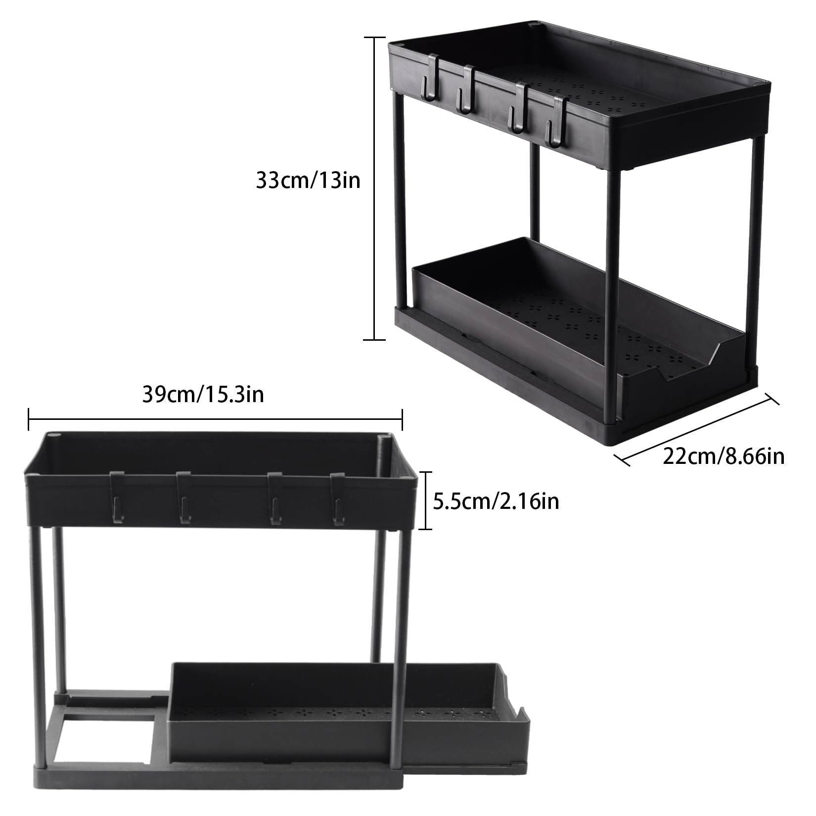 2 PCS Under Sink Organizer, 2-Tier Sliding Cabinet Basket Organizer Drawers, Under Sink Organizers and Storage Bathroom Kitchen Cabinet Organizer with Hooks The Bottom Drawers Can Be Slid Out