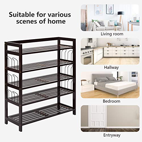 Kinsuite Shoe Rack Organizer 5-Tier Bamboo Shoe Shelf Free Standing Adjustable Shelves with 12 Hooks for Entryway Closet Bedroom, Dark Brown