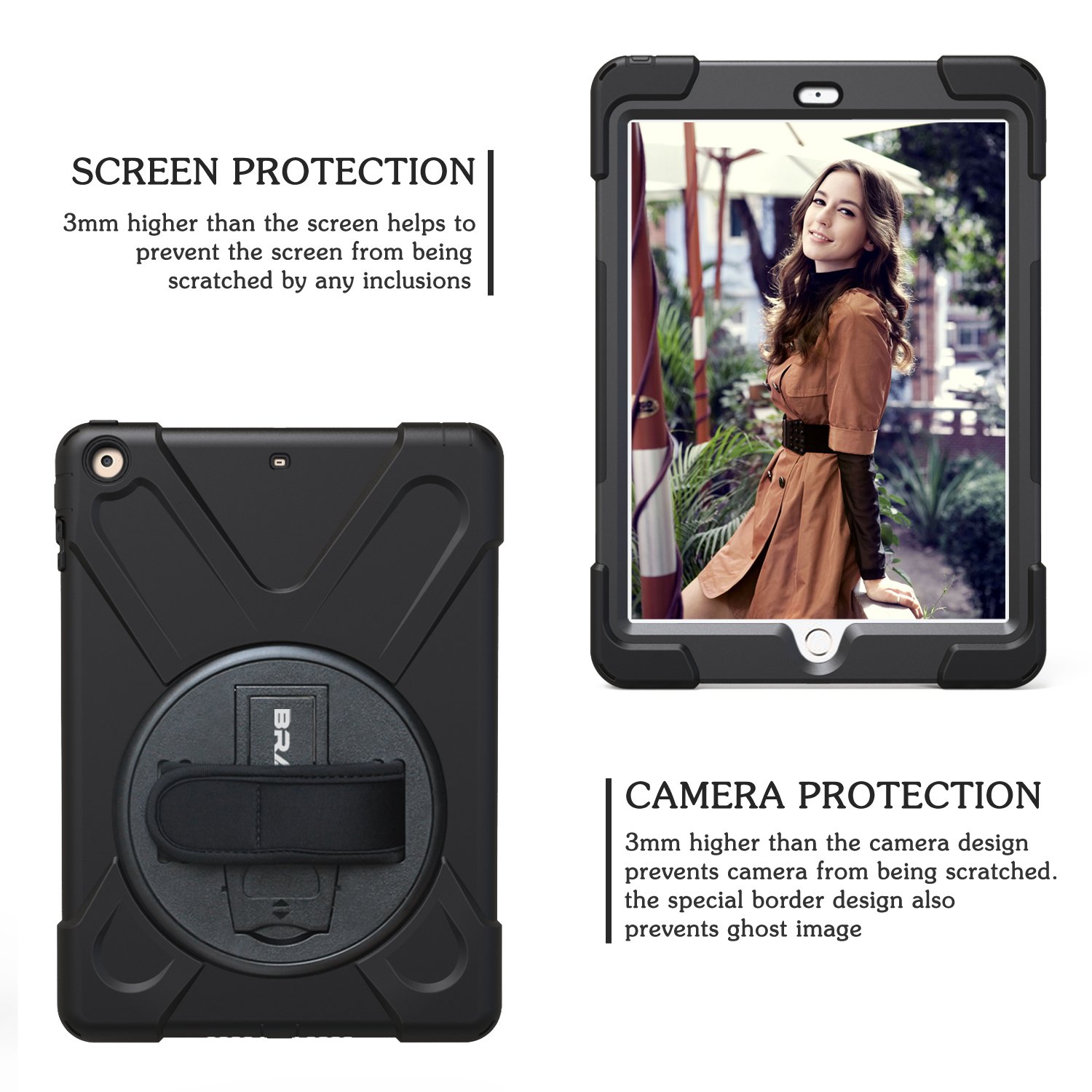 BRAECN iPad Air Shockproof Case - Heavy Duty Full-Body Rugged Protective Case with 360 Degree Swivel Kickstand/Hand Strap/Shoulder Strap for Apple iPad Air 1st Generation 9.7 inch (Black)