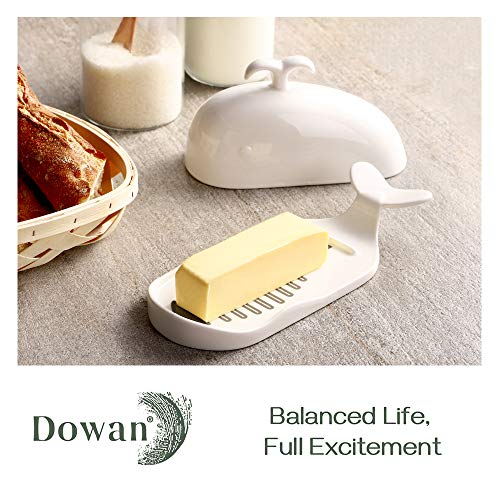 DOWAN Porcelain Butter Dish With Cutting Measuring Line, Large Whale Butter Dish with Cover of Non-slip Design, Ceramic Butter Dishes with Handle for East/West Coast Butter, White
