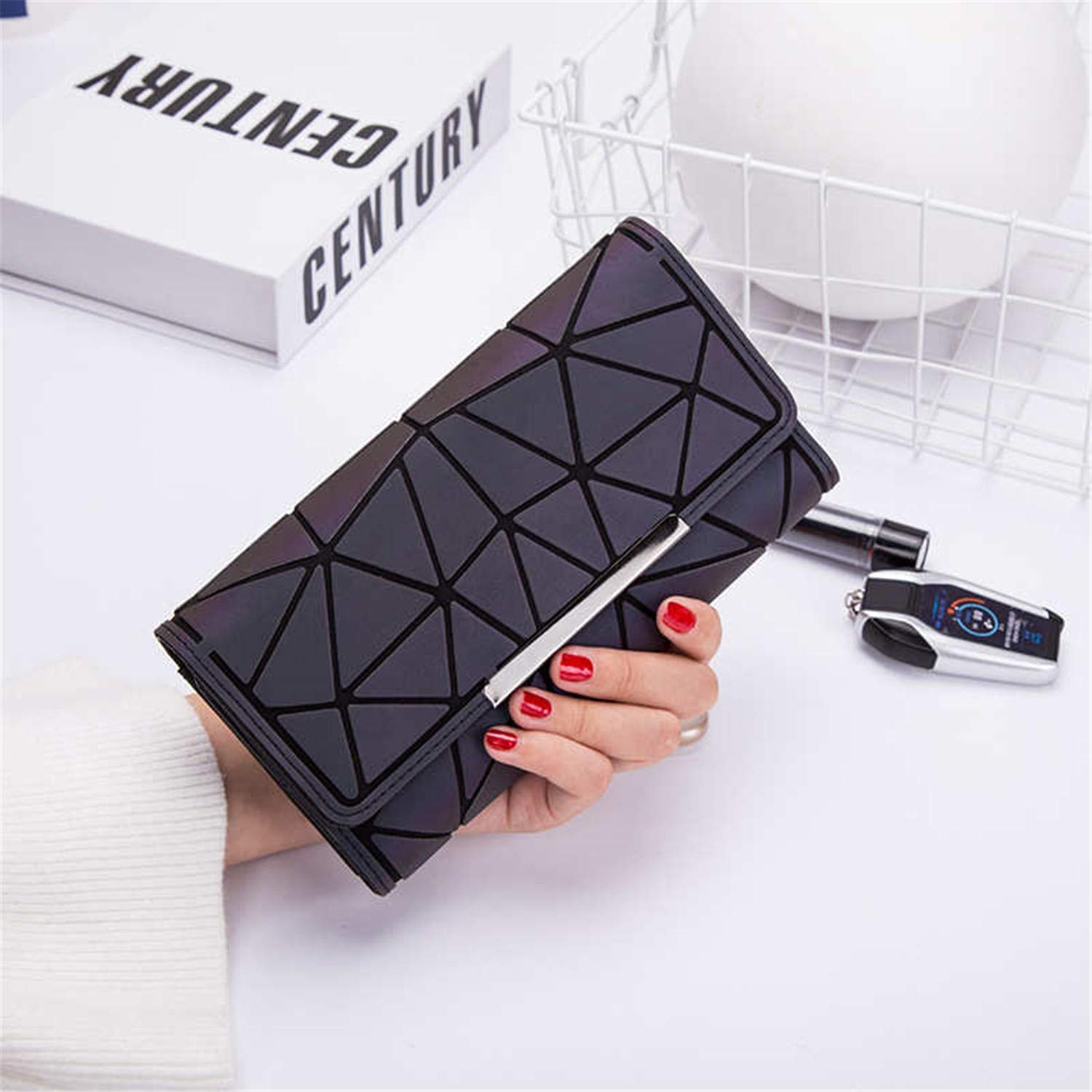Andongnywell Iridescent Long Coin Purse Womens Geometric Rhomboids Wallets Trifold Reflective Clutch Luminous Wallet (Multicolor)