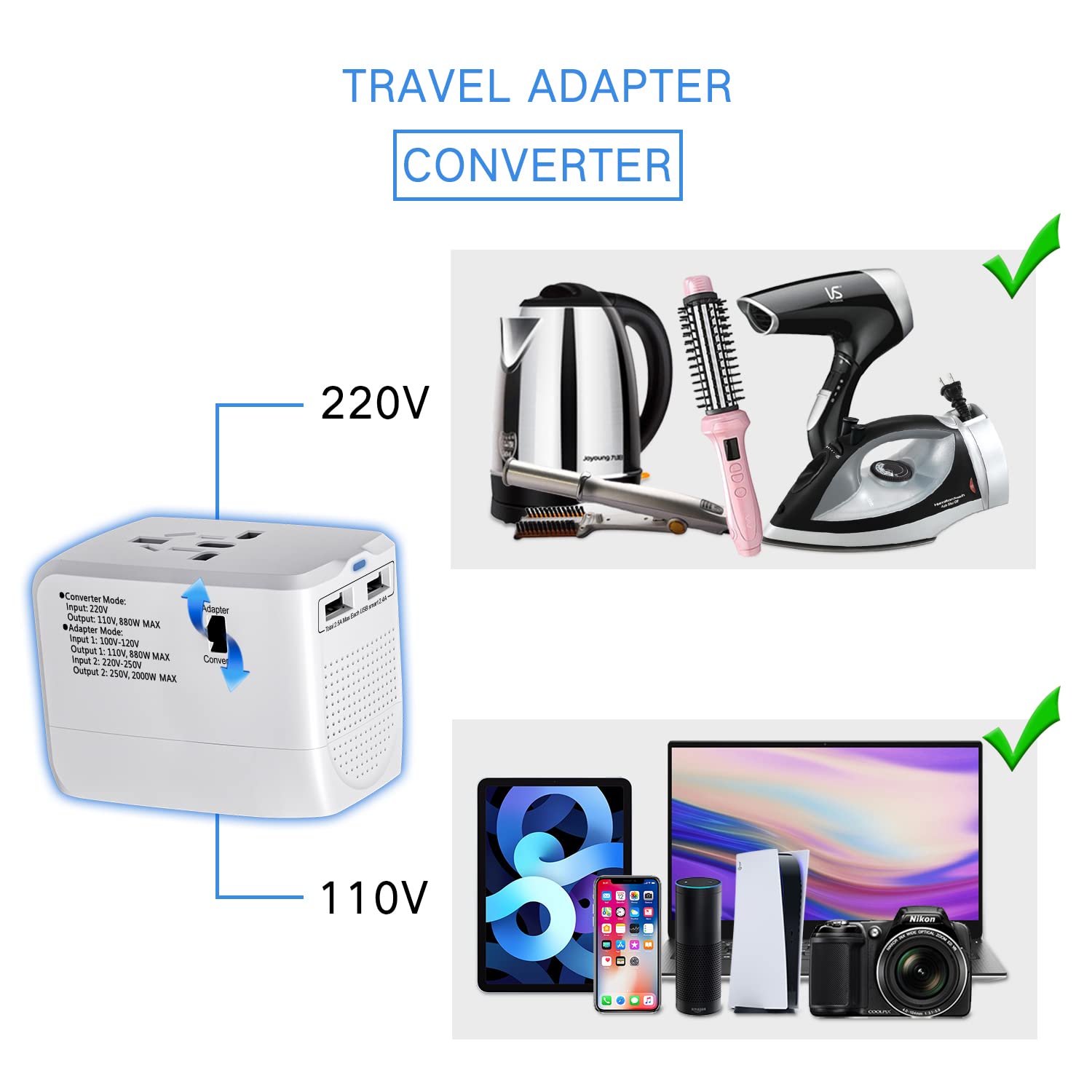 2000W Travel Voltage Converter, Universal Travel Adapter Voltage Converter Combo for 100V-240V, with 2 USB Ports, US to UK Europe Australia 200+ Countries Power Converter(White)