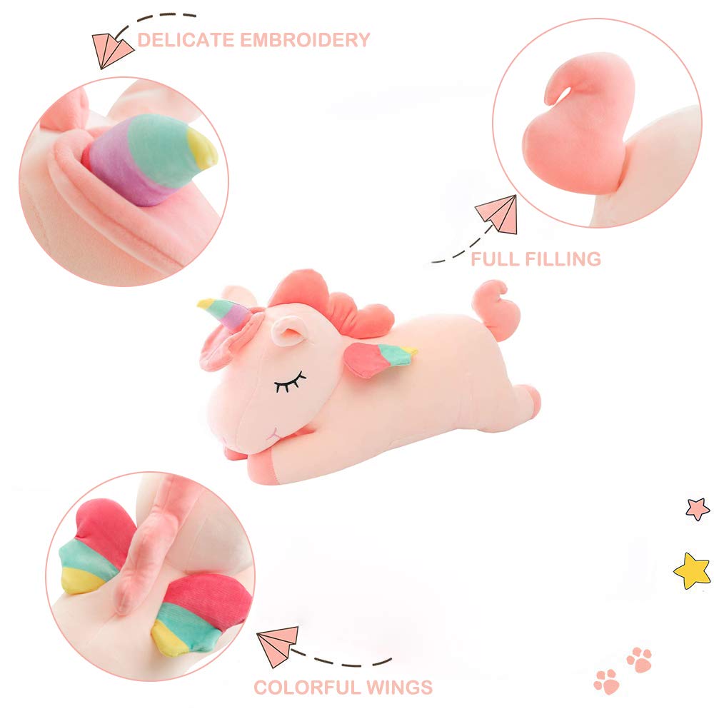 AIXINI Plush Unicorn Stuffed Animal Pillows Toy, 11.8 Inch Cute Soft Pink Unicorn Plushie Dolls with Rainbow Wings