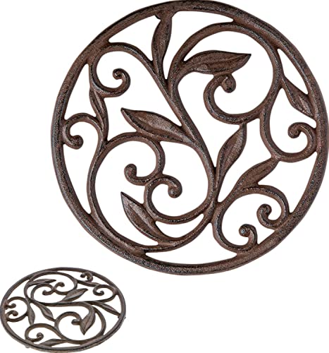 Cast Iron Trivet - Round with Vintage Pattern - Decorative Cast Iron Trivet for Kitchen Or Dining Table - 7.7" Diameter - Rust Brown Color - with Rubber Pegs by Comfify
