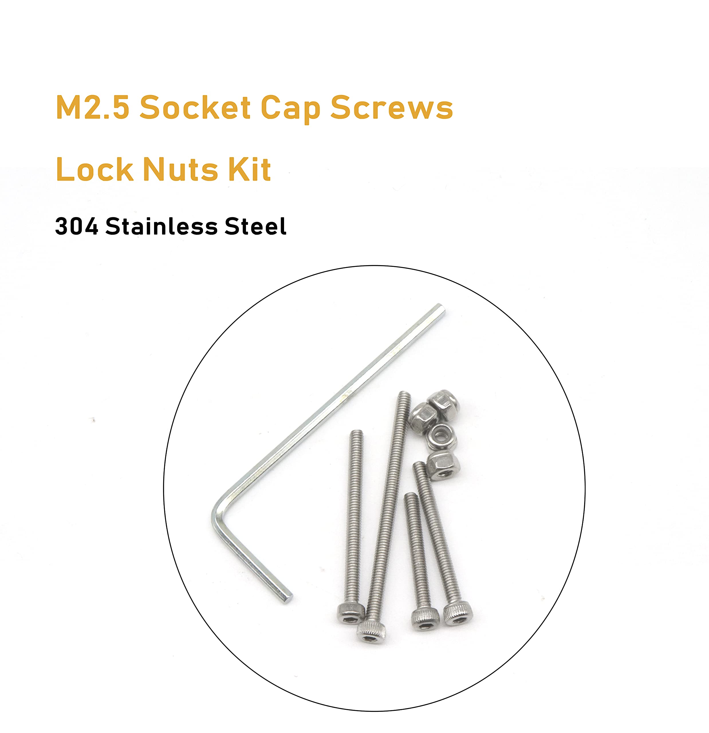 binifiMux 160pcs M2.5 Hex Socket Cap Screws Self Locking Nuts Assortment Kit with Wrench, Silver 304 Stainless Steel, M2.5x20mm/ 25mm/ 30mm/ 35mm/40mm/45mm