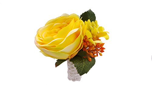 Ansuma Rose Wrist Corsage Wristlet Band Bracelet and Men Boutonniere Set for Wedding Flowers Accessories Prom Suit Decorations (Yellow)