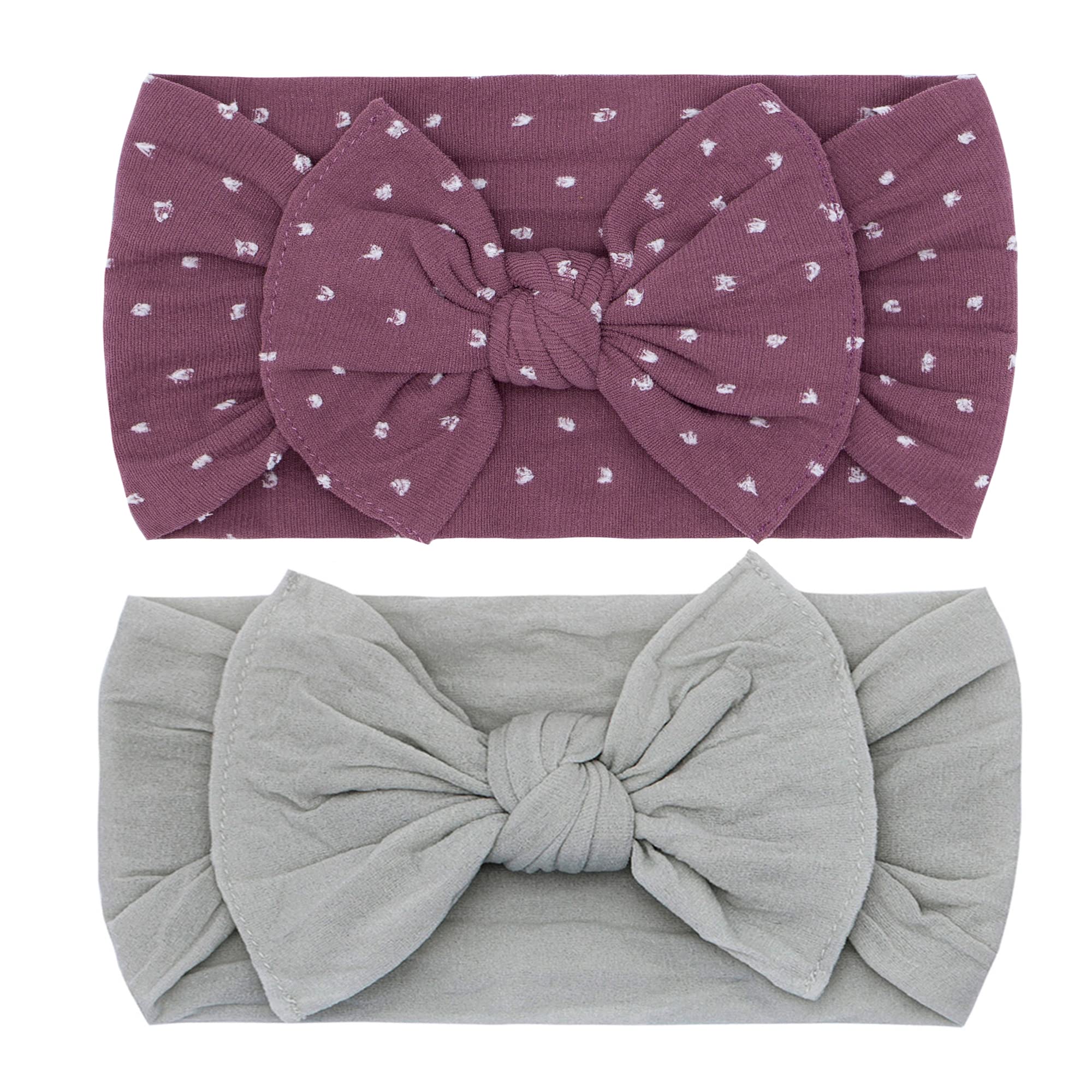 Baby Bling Bows Newborn to Little Girls Hair Bow - Shabby Dot and Classic Knot Headbands Toddlers Hair Accessories, One Size (2 Pack - Lilac Dot and Grey)