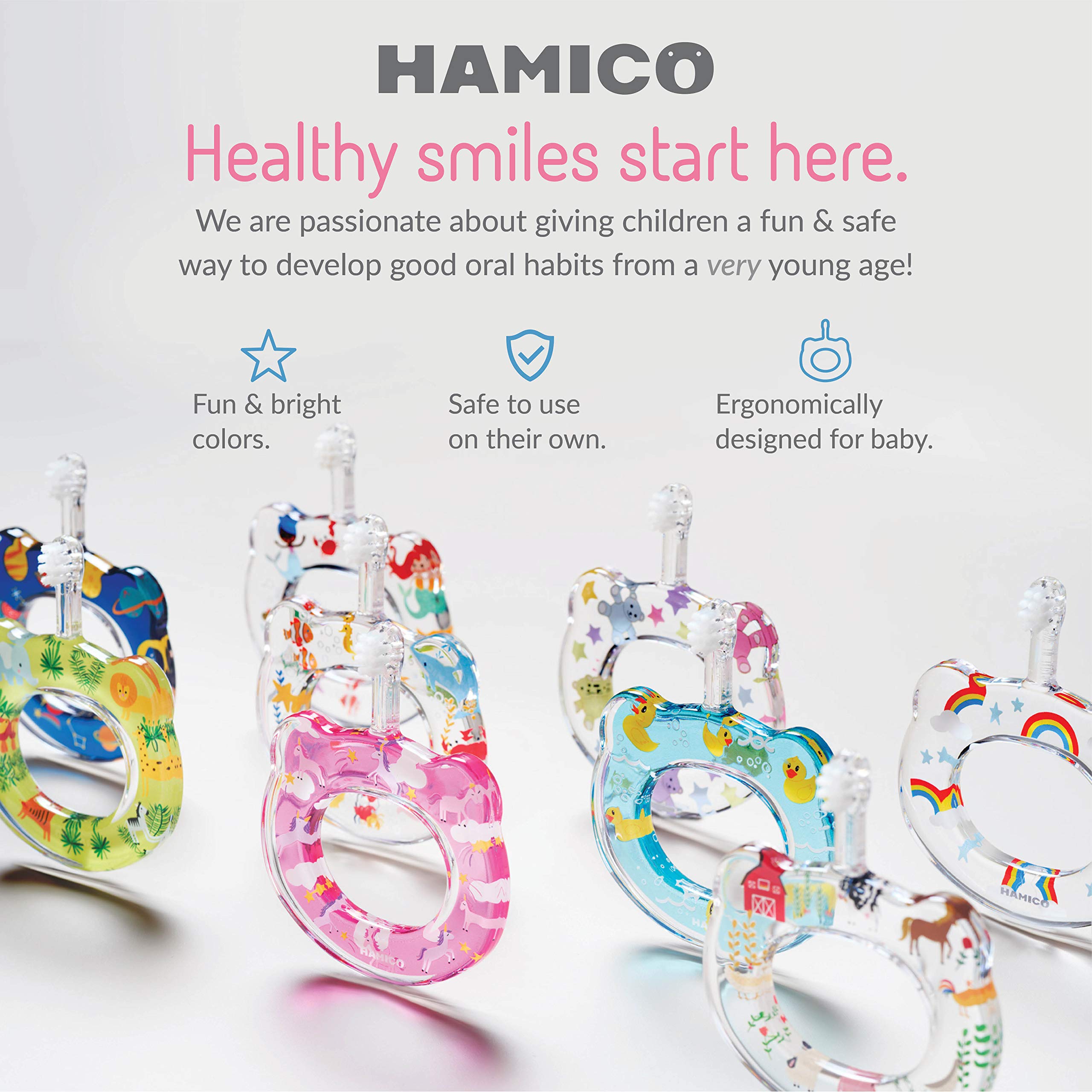 HAMICO Baby Toothbrush Gentle, Extra- Soft Bristles for Baby’s First Toothbrush | Easy Grasp-No Overreach Infant Toothbrush | BPA Free | 2-Pack: Rubber Ducks & Jungle Animals