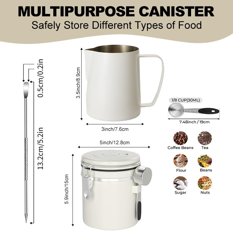 AIANDE 3 in 1 Coffee Canister,Milk frother pitcher 12oz, Stainless Steel Canisters With Airtight Lids Storage Coffee Tank With Scoop (1.5LWhite)