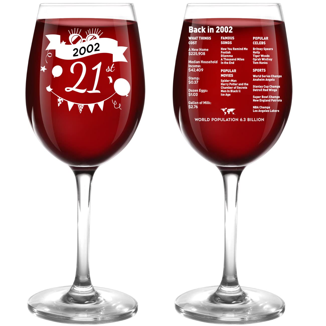 21st Birthday Gifts for Women and Men Wine Glass, Vintage 2002 Double-sided Printing Birthday Gift Decorationsfor Her, Funny Gift Ideas for Her, Parents, Friends, Back in 2002 Old Time Information