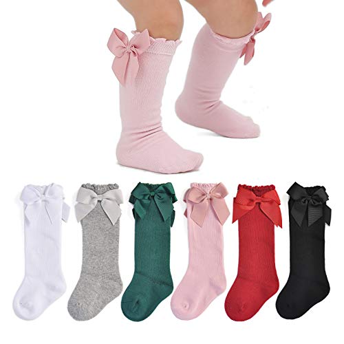 EPEIUS Baby Knee High Socks Newborn Girls Socks with Bow Uniform Tube Stockings Baby Long Socks for 0-3 Months,6 Pairs Pack,Black/White/Grey/Duty Pink/Wine/Green