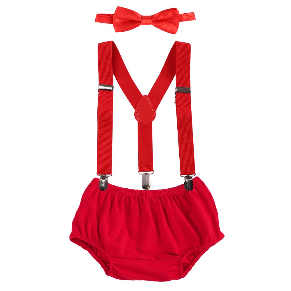 Baby Boys Cake Smash Clothes Diaper Suspenders Pants Bow Tie 3PCS Set First 1st 2nd Birthday Outfit for Photo Prop Party Red 3-24 Months