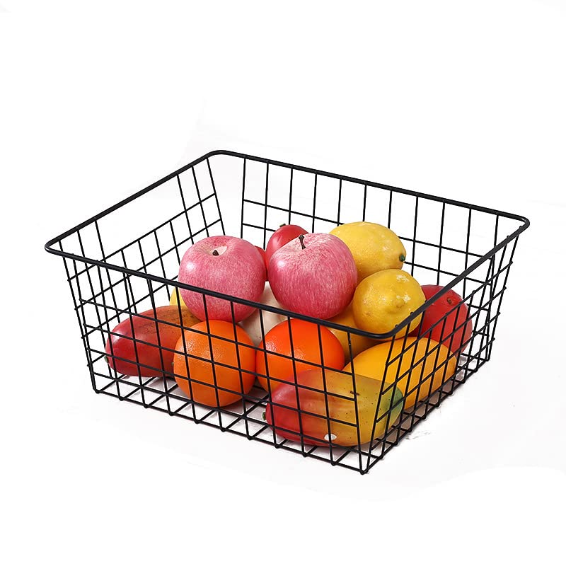 Aeggplant Kitchen Wire Baskets Farmhouse Decor Metal Food Storage Organizer,Household Refrigerator Bin with Built-in Handles for Cabinets,Pantry,Bathroom,Black