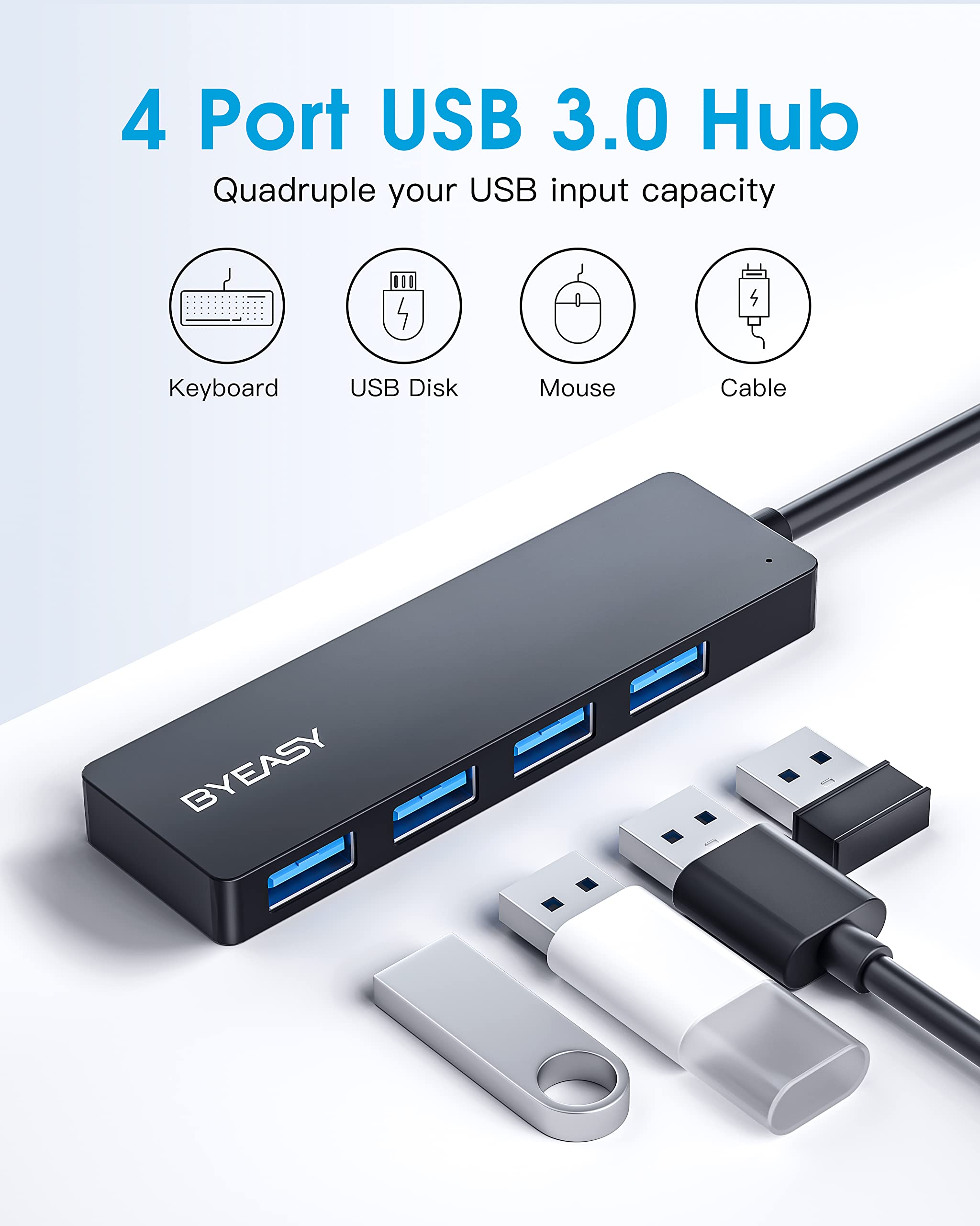 BYEASY USB Hub, 4 Port USB 3.0 Hub, Ultra Slim Portable Data Adapter Applicable for iMac Pro, MacBook Air, Mac Mini/Pro, Surface Pro, Notebook PC, Laptop, and Mobile HDD (Leather Black)