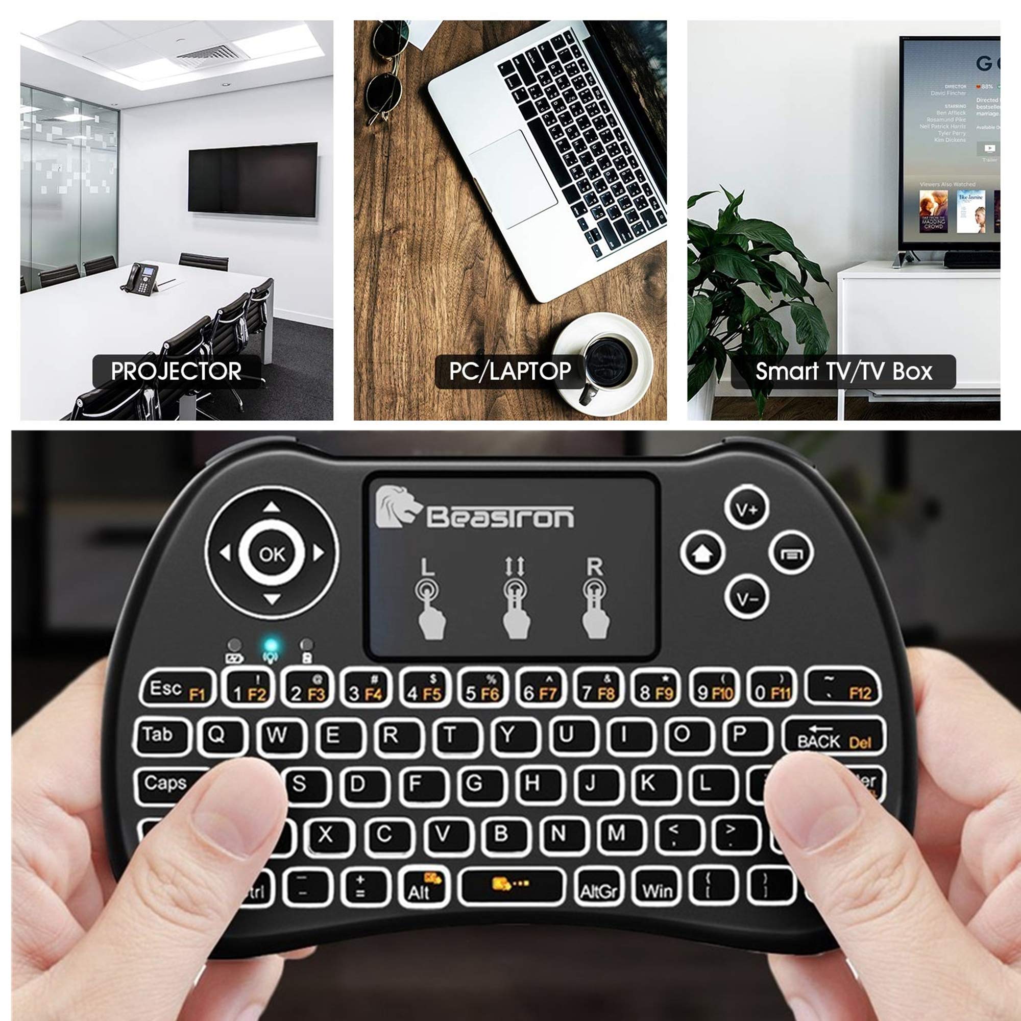 Beastron (Upgraded) 2.4G Mini Wireless Keyboard with Touchpad Mouse&QWERTY Keyboard, Backlit Portable Keyboard Wireless with Remote Control for Laptop,PC,Google Android TV,Xbox,PS3/4 .Black