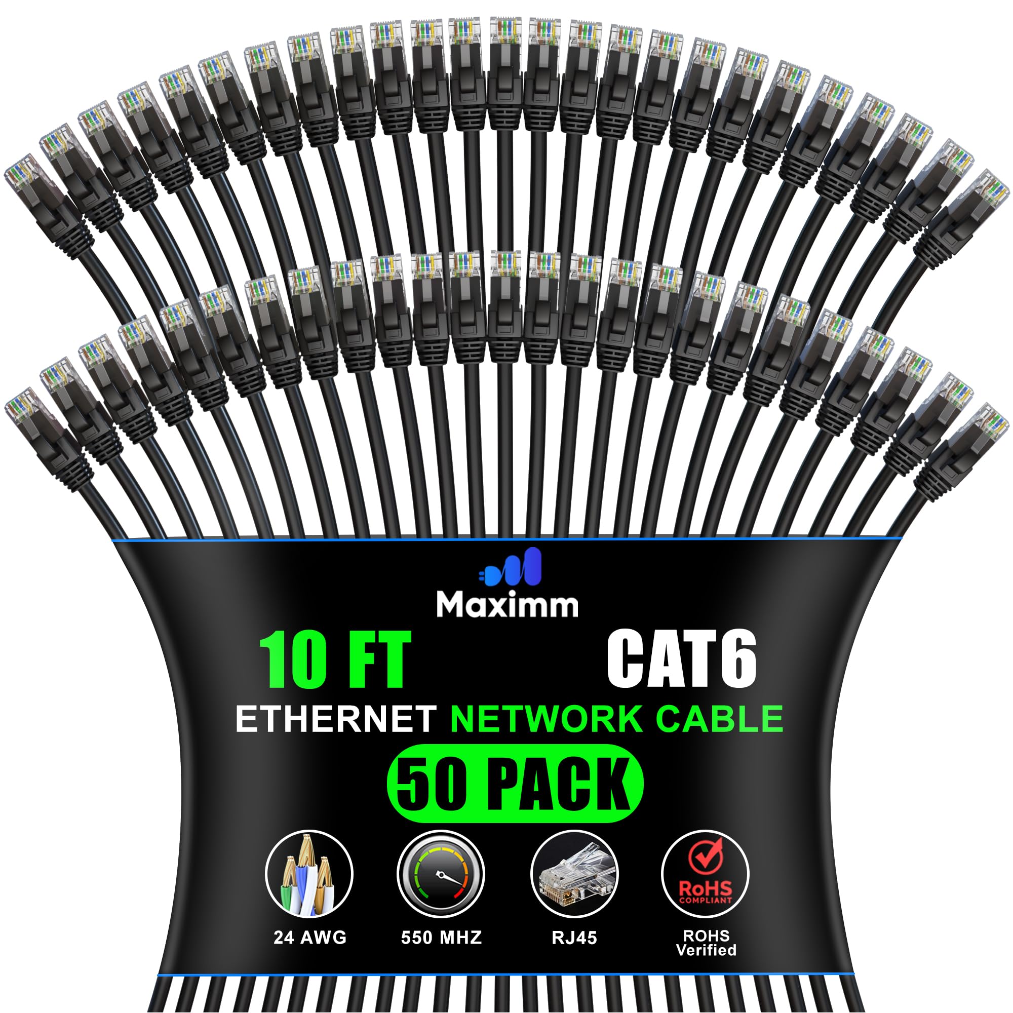 Maximm Cat 6 Ethernet Cable 10 Ft, (50-Pack) Cat6 Cable, LAN Cable, Internet Cable, Patch Cable and Network Cable - UTP (Black) 10 Feet ethernet Cord