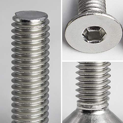 M6 x 8mm 12mm 16mm 20mm 25mm Flat Head Hex Socket Cap Screws Countersunk Bolts, 304 Stainless Steel, Fully Threaded, Bright Finish, Metric Allen Hex Drive, Assortment Kit 50PCS