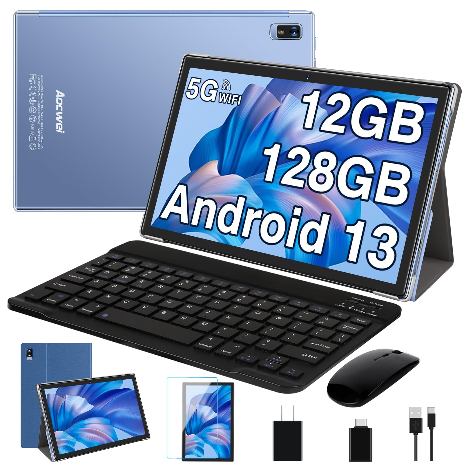 2024 Newest 10 Inch Tablet Android 13 Tablets with Keyboard, 12GB RAM 128GB ROM 512GB Expand, Octa-Core, 5G/2.4G WiFi, HD IPS Display, 8000mAh Tablet PC with Case Mouse GPS Split Screen Support -Blue
